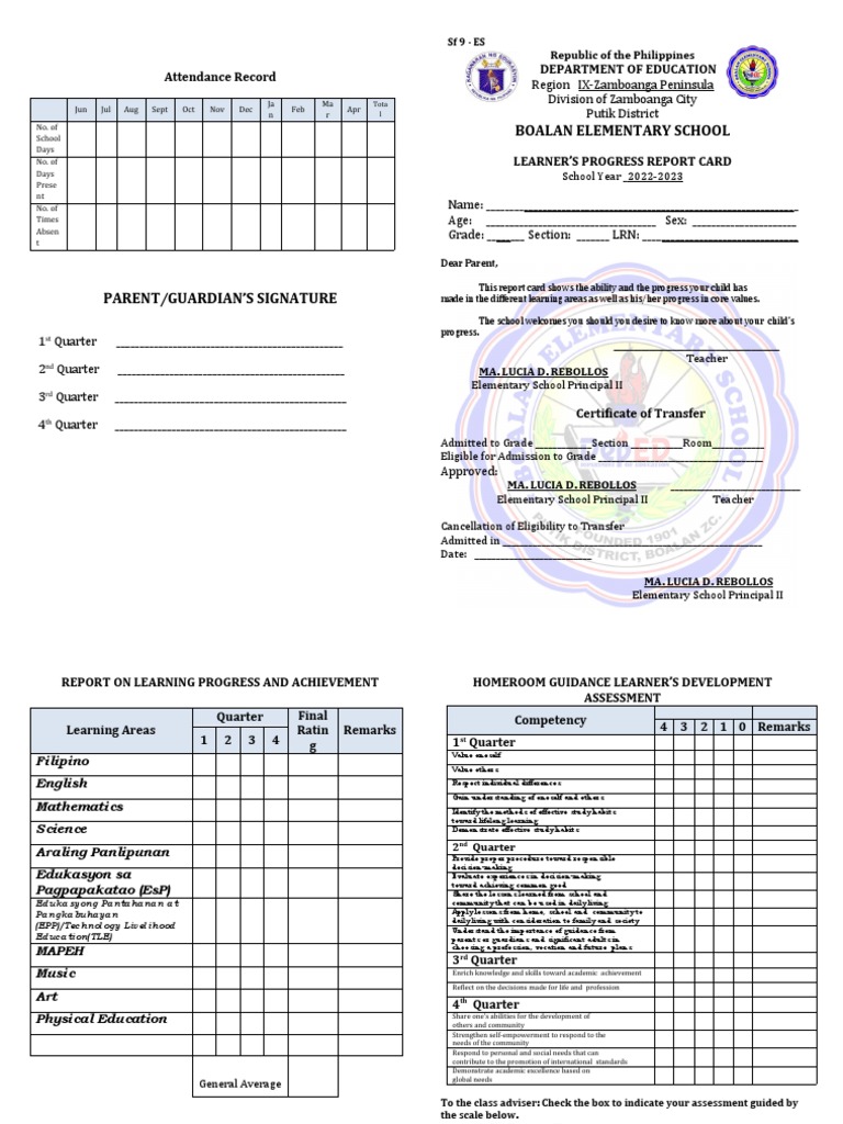 SF 9 - ES ( (Learner's Progress Report Card) Grade 4-6 | PDF | Decision Making | Cognition