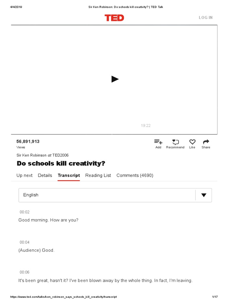 Sir Ken Robinson - Do Schools Kill Creativity - TED Talk | PDF