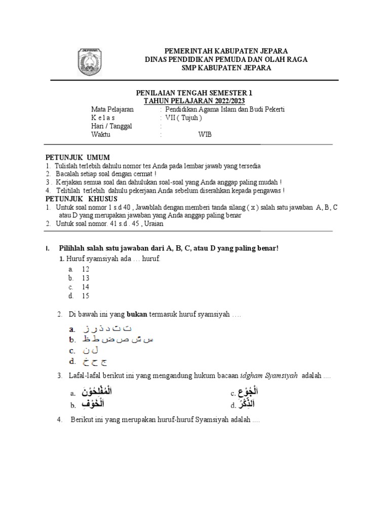 Soal PTS PAI DAN BP Kelas 7 2022-2023 | PDF