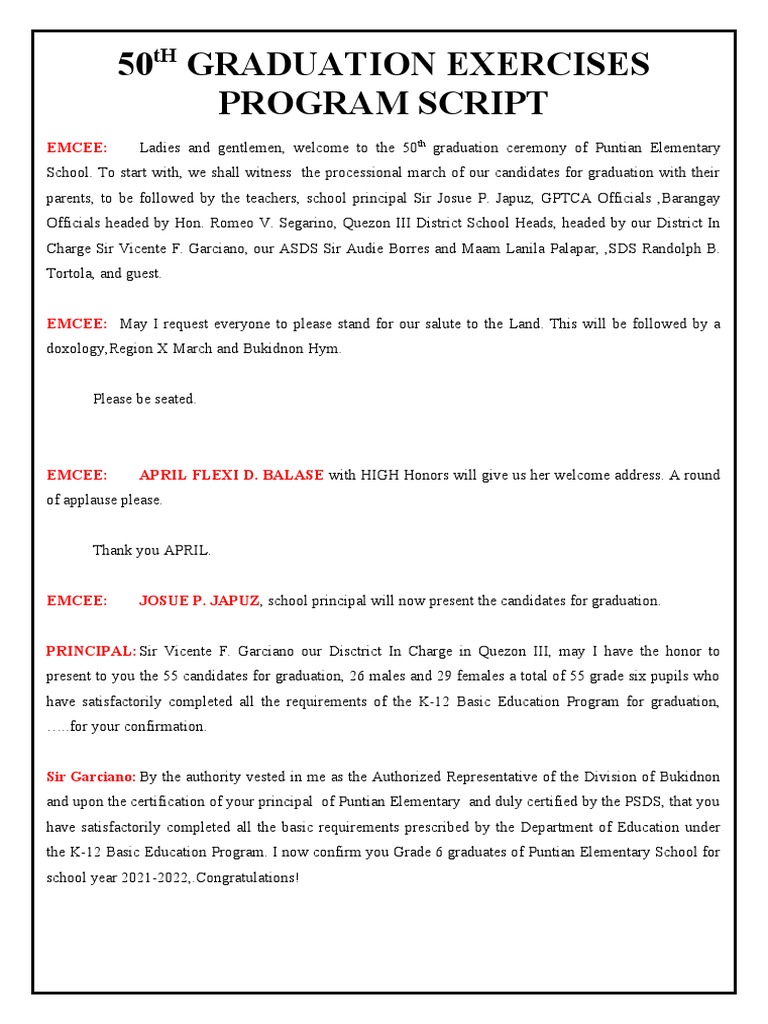 50th Elementary Graduation Emcee Script | PDF