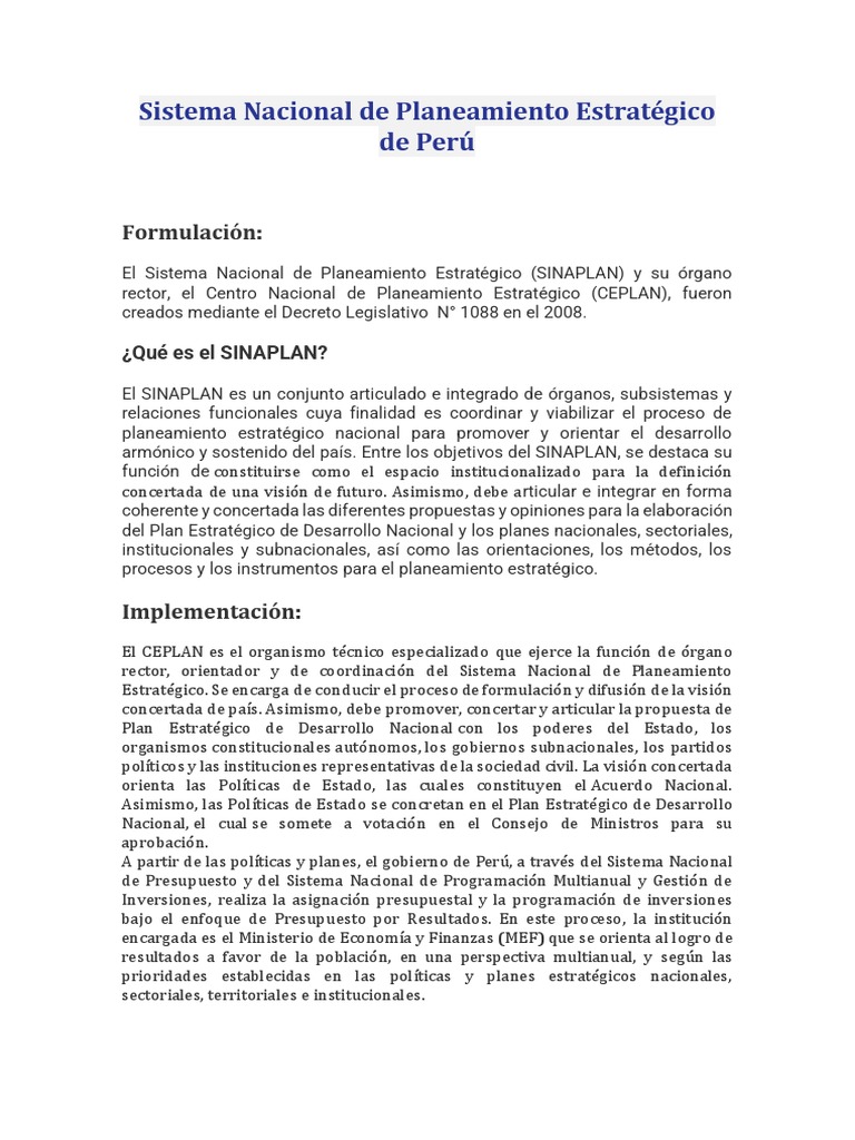 Sistema Nacional de Planeamiento Estrategico de Peru | Descargar gratis PDF | Planificación ...