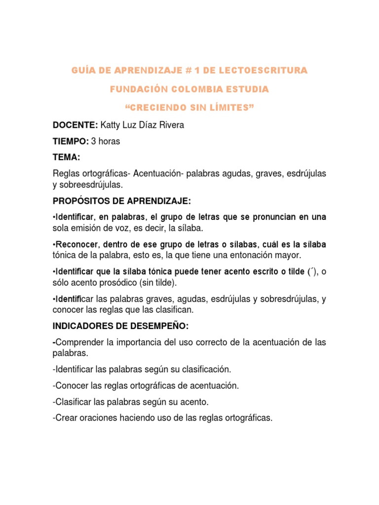Guía de Aprendizaje Acento, Agudas | PDF | Idiomas | Estudios de idiomas extranjeros