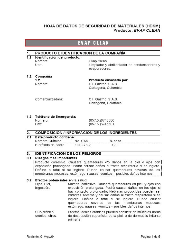 Ficha Tecnica Evap Clean. | PDF | Agua | Quemar