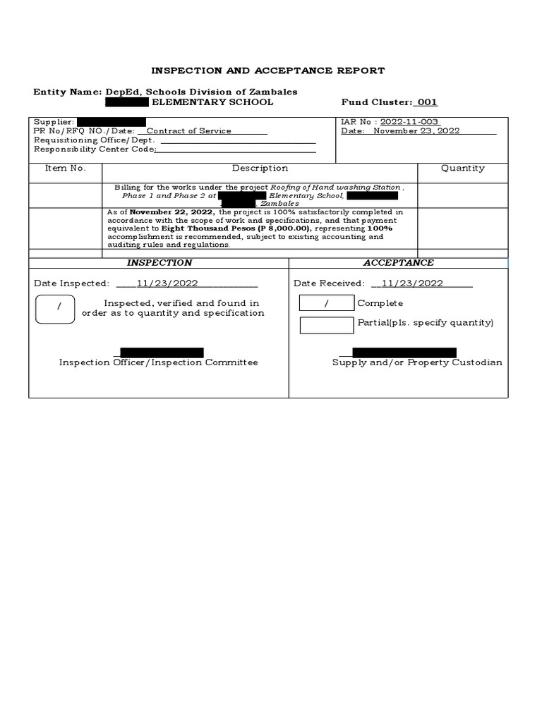 Inspection and Acceptance Report Sample | PDF