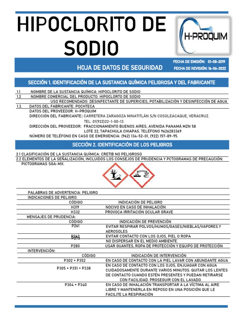 Hoja de Seguridad Hipoclorito de Sodio | PDF