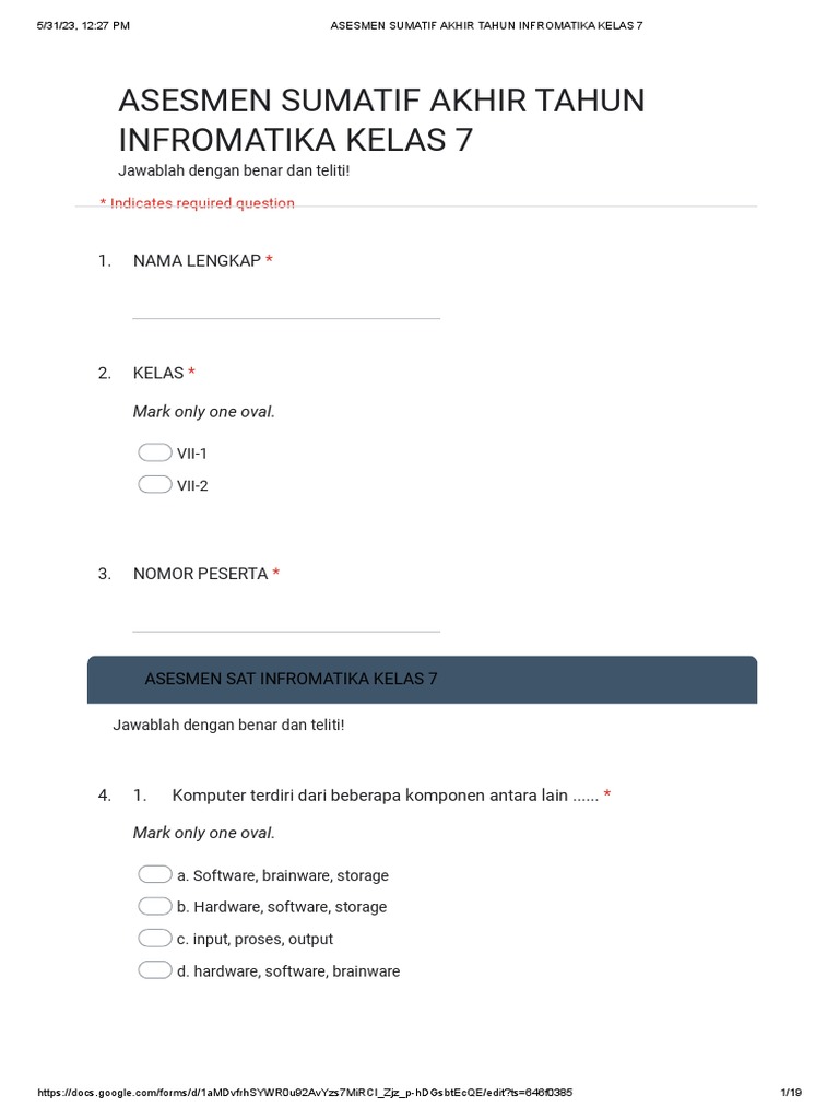ASESMEN SUMATIF AKHIR TAHUN INFROMATIKA KELAS 7 - Google Forms | PDF