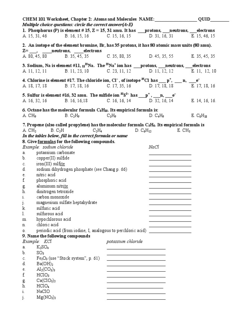 Worksheet Chapter 2 | PDF | Chemical Elements | Chlorine
