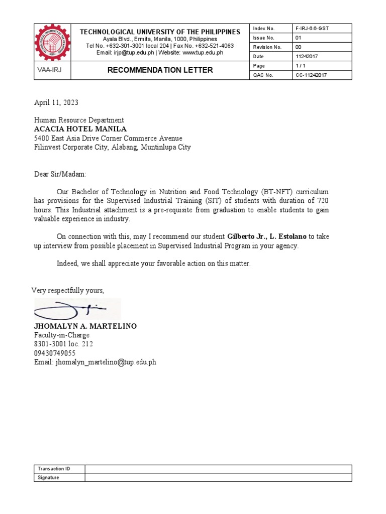 Recommendation Letter - BTNFT - Acacia | PDF