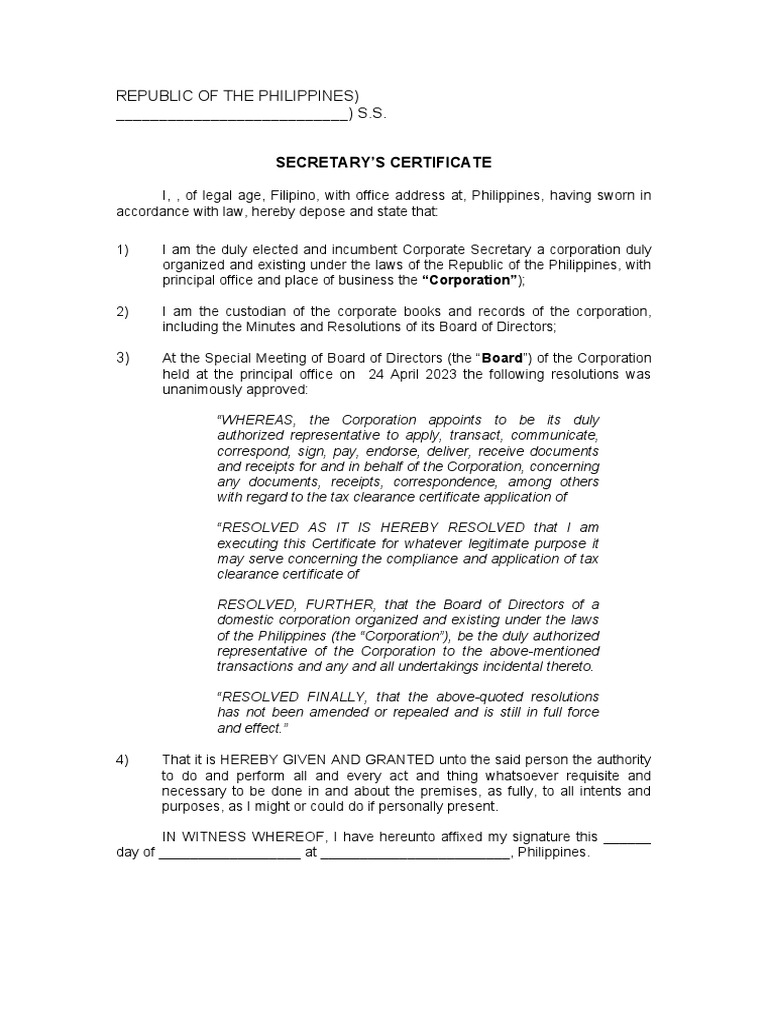Secretary's_Certificate_FPUA_Tax_Clearance_Authorization | PDF | Legal ...