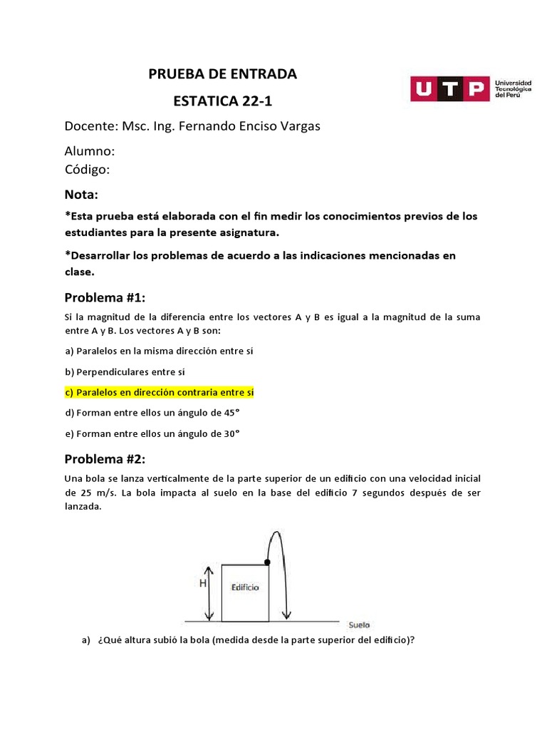 Prueba de Entrada-Estatica | PDF | Ciencia y matemáticas | Tecnología
