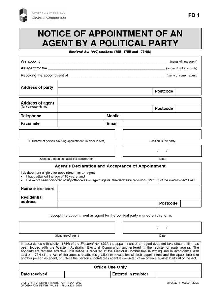 Political Party Agent Appointment Notice | PDF | Justice | Crime & Violence