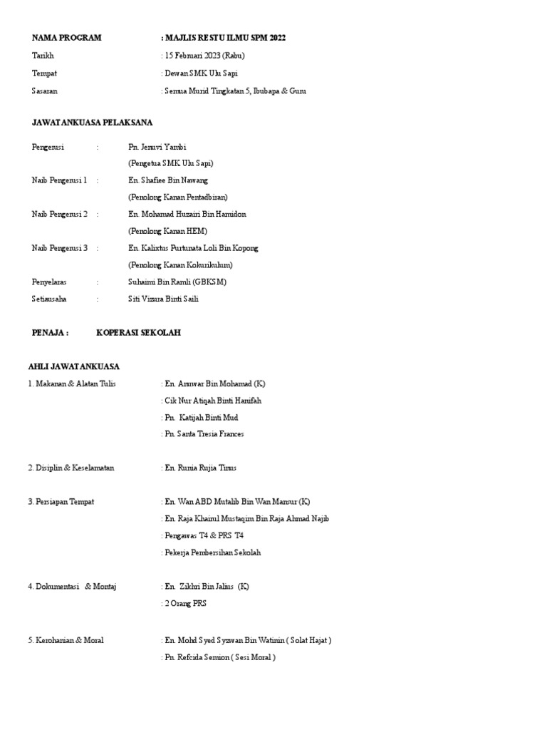 Ajk Majlis Restu Ilmu SPM 2022 | PDF