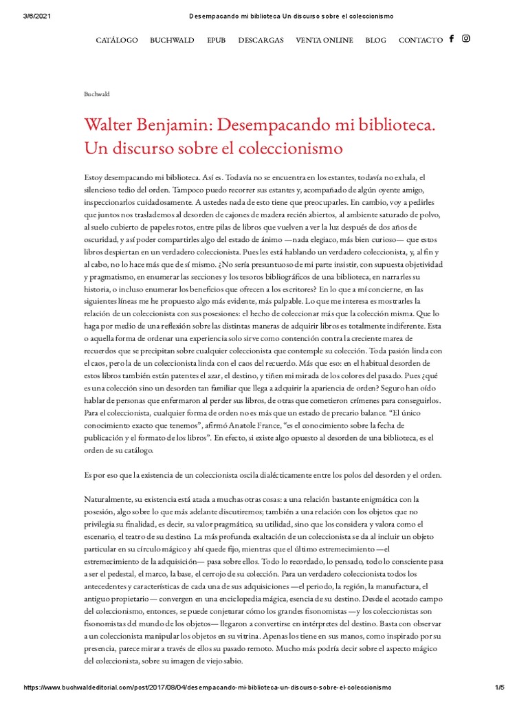 Benjamin - Desempacando Mi Biblioteca Un Discurso Sobre El Coleccionismo | PDF | Subasta | Libros