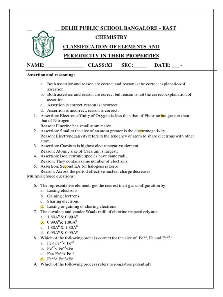 Classification of Elements Worksheet | PDF
