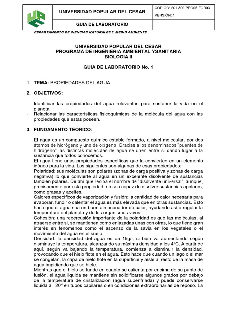 Guia 1. Propiedades Del Agua | PDF | Polaridad química | Agua