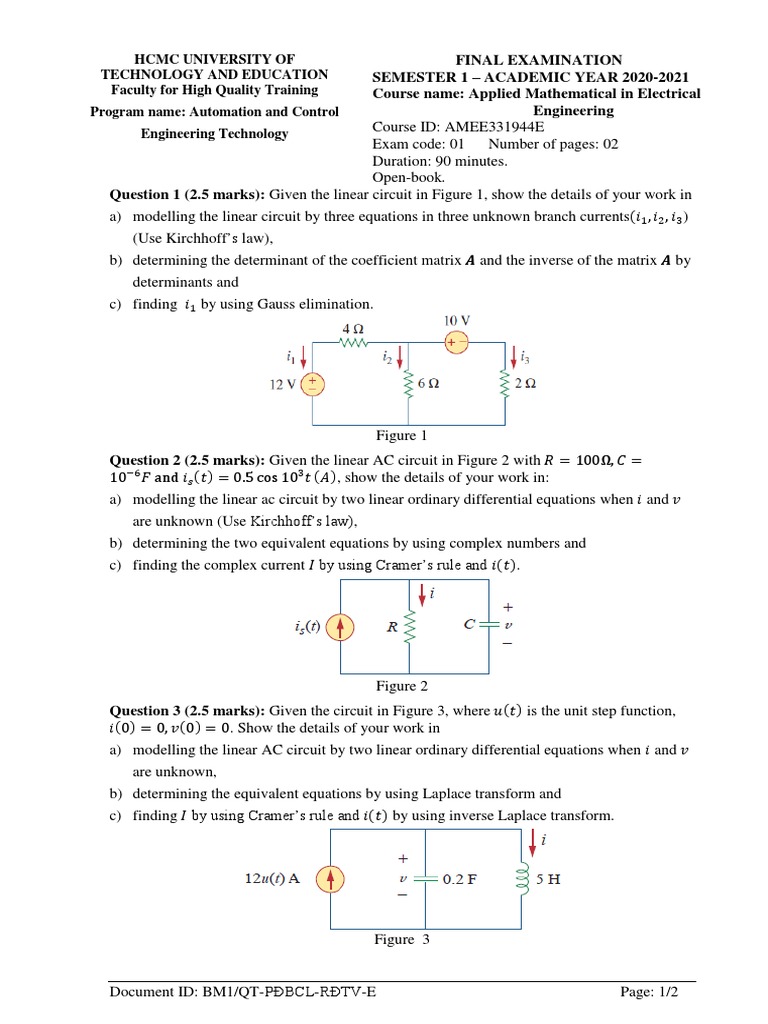 Final Exam of Applied Mathematical in Electrical Engineering (Semester ...
