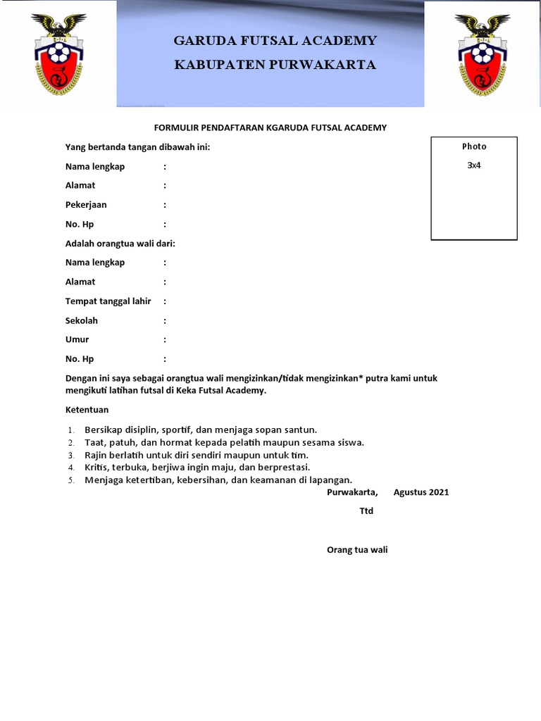Formulir Pendaftaran Gfa Futsal Academy | PDF