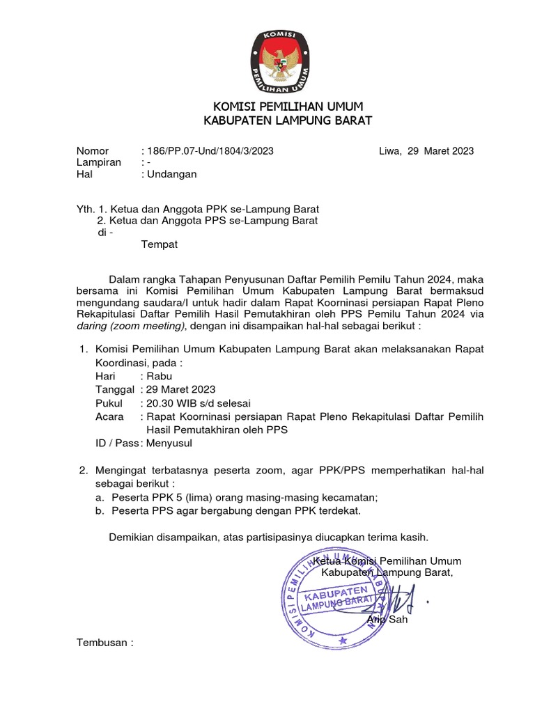 Undangan Rapat Koordinasi Pemilu 2024 | PDF