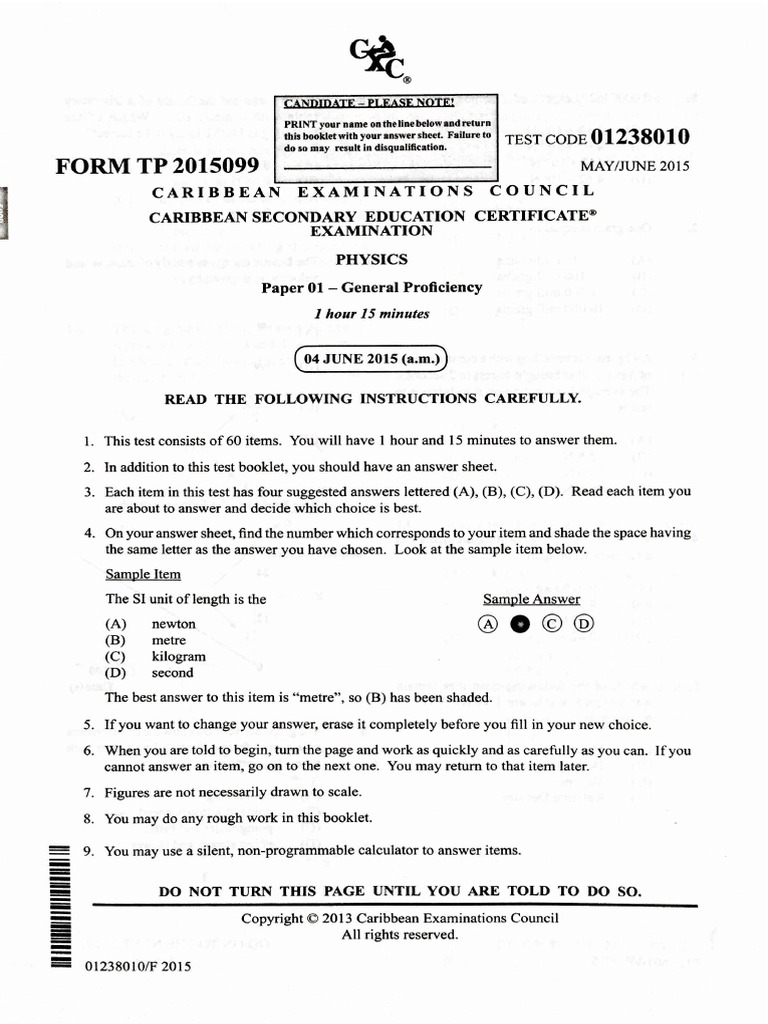 CSEC Physics 2015 P1 | PDF