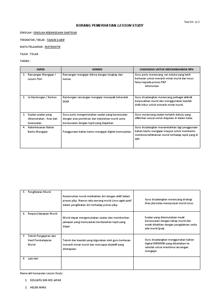 Borang Pemerhatian Lesson Study | PDF