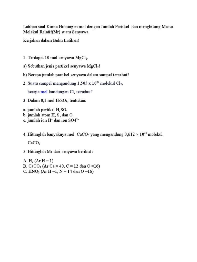 Latihan Soal Kimia Hubungan Mol Dengan Jumlah Partikel Dan Menghitung Massa Molekul Relatif ...