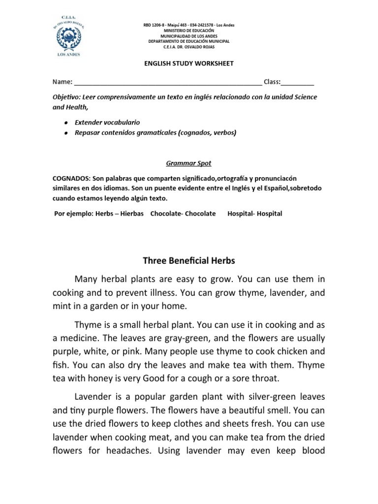 Beneficial Herbs - English Study Worksheet (1) 1 | PDF | Lingüística