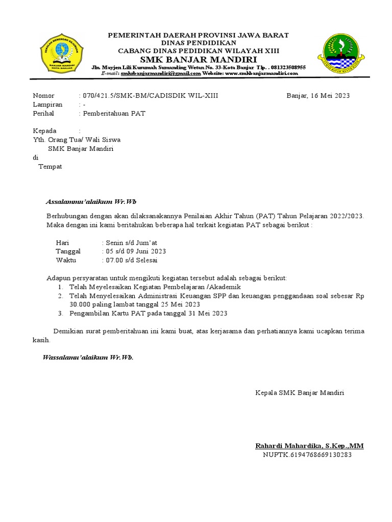 Surat Pemberitahuan Uas | PDF