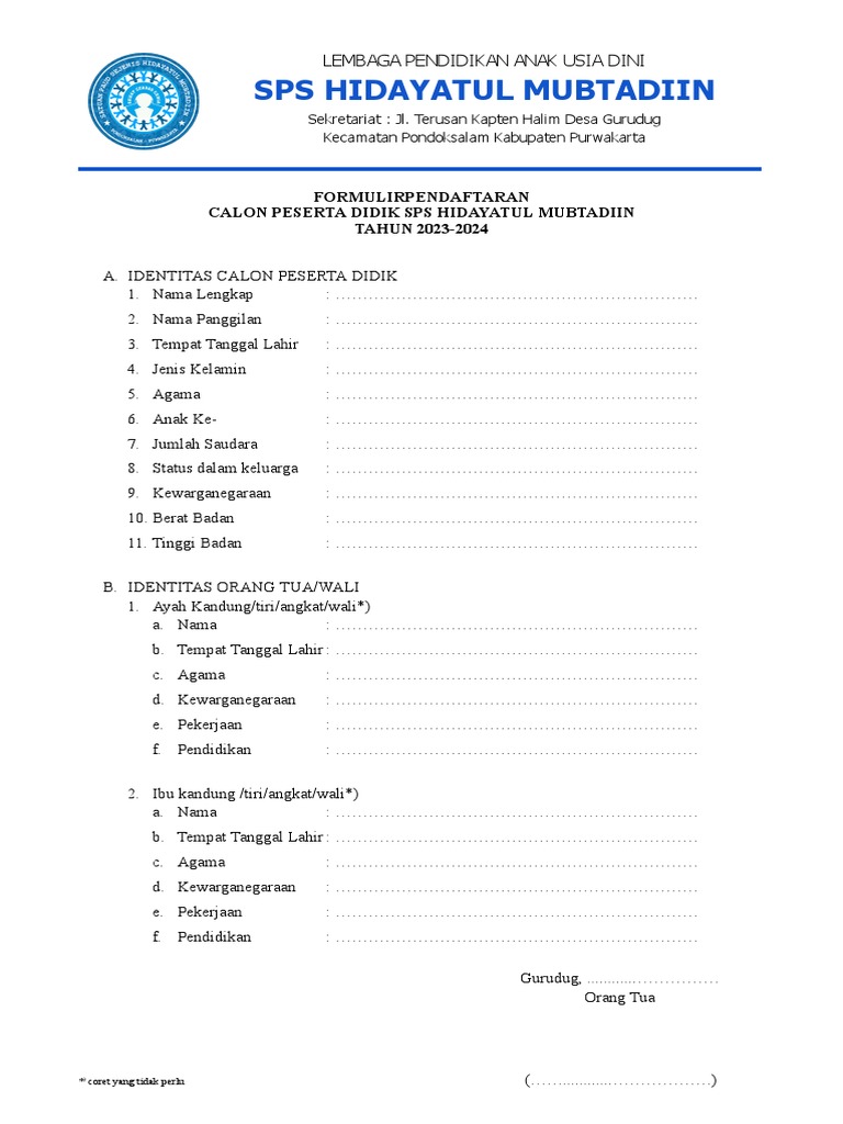 A.3.1 Formulir Pendaftaran Paud TK KB | PDF | Olahraga & Rekreasi
