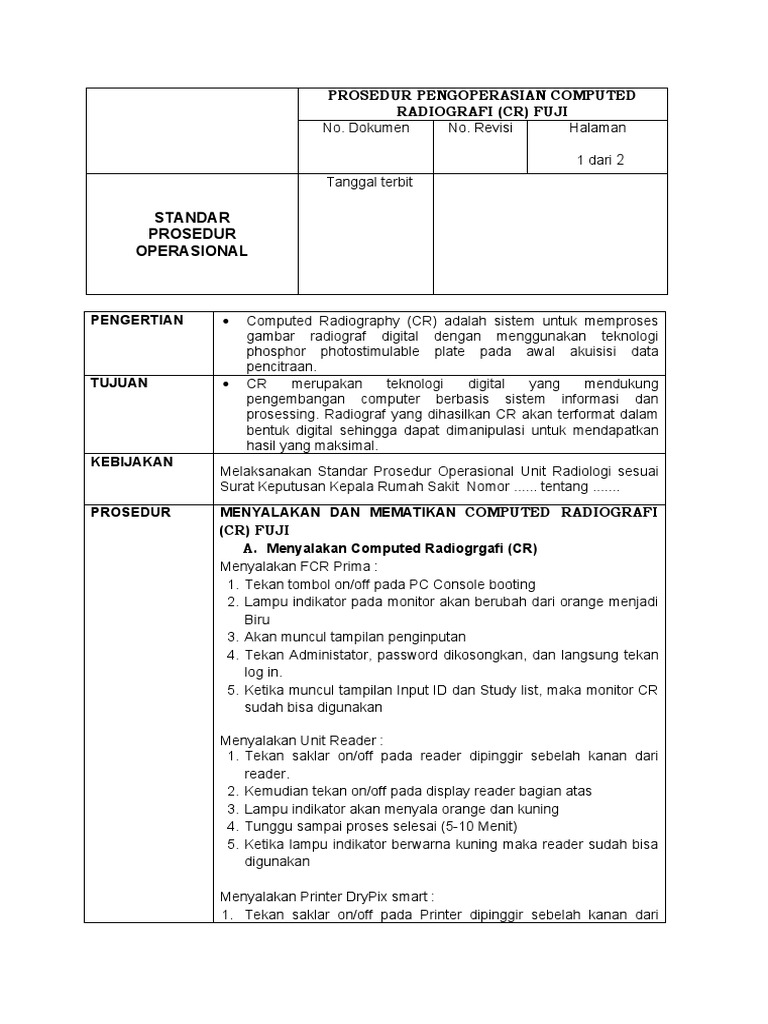 PROSEDUR PENGOPERASIAN COMPUTED RADIOGRAFI (CR) FUJI | PDF