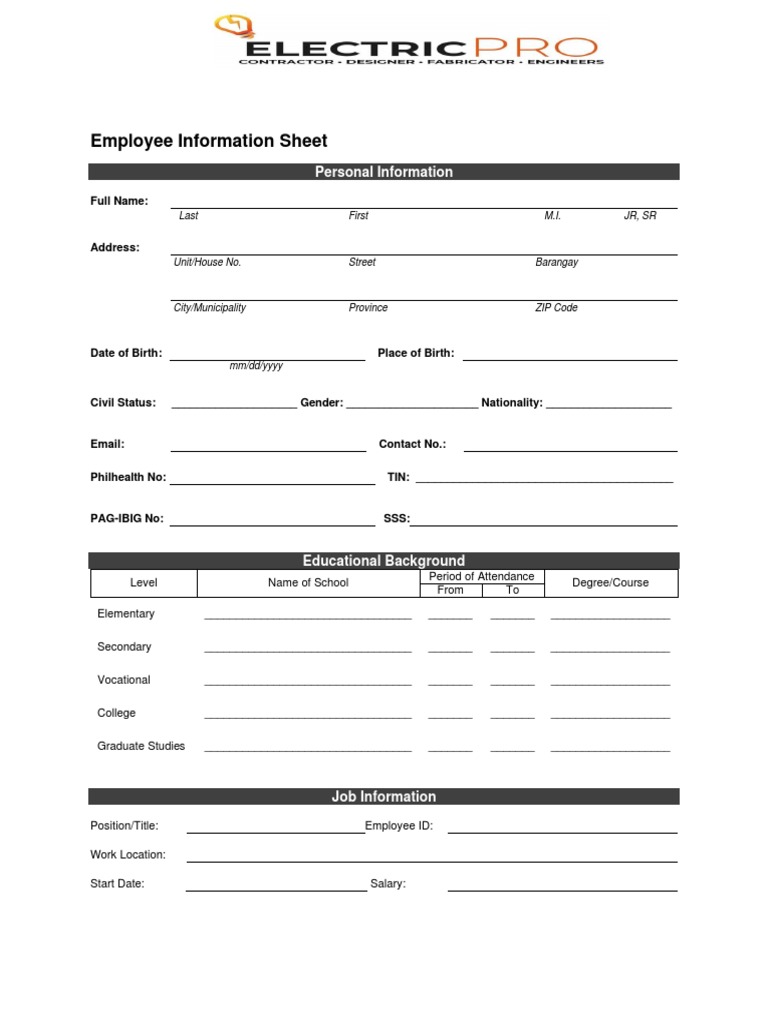 Personnel Info Sheet - With HSE Guidelines | PDF
