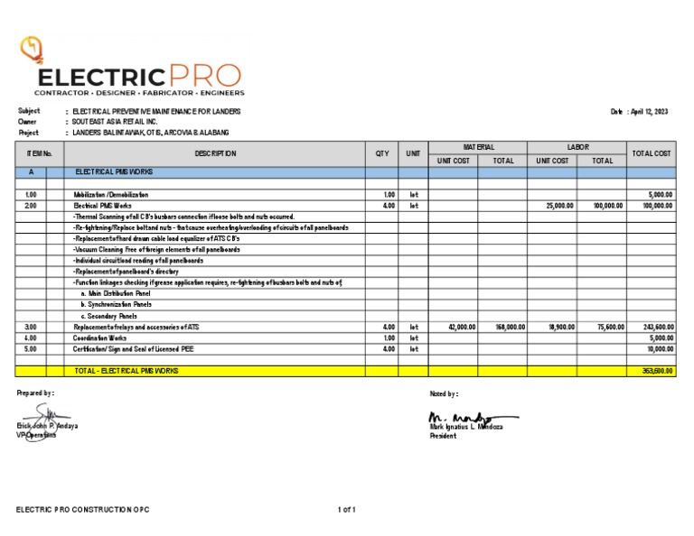 Landers PMS Cost Proposalrev01 - Electric Pro 04apr2023 | PDF | Power ...