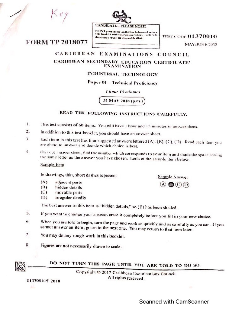 2018 CSEC Industrial Technology Past Paper - Paper 1 | PDF