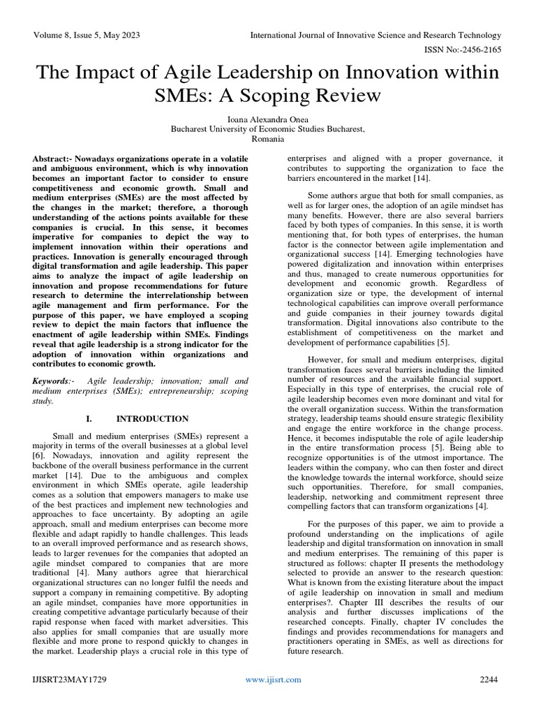 The Impact Of Agile Leadership On Innovation Within Smes A Scoping Review Pdf Leadership