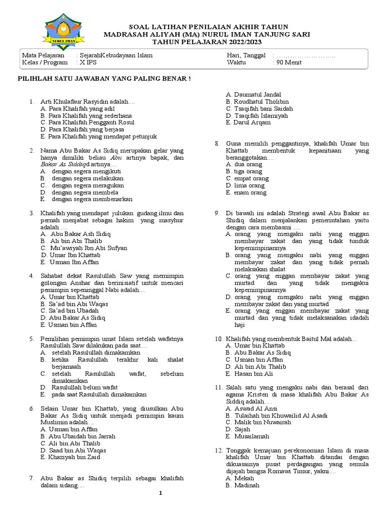 Soal Latihan PAT SKI Kls 10 | PDF
