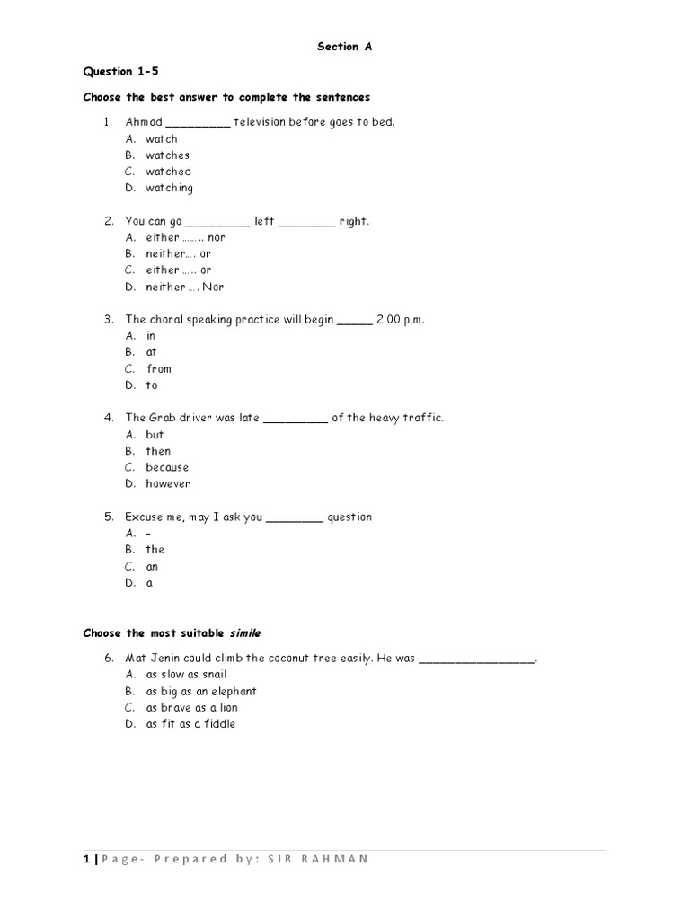 English Mid Year Examination 2020 - Section A | PDF