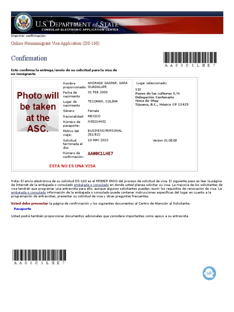 Nonimmigrant Visa - Confirmation Page | PDF | Oficina Federal de ...