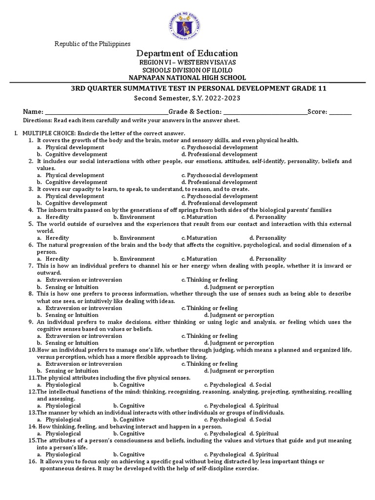 GRADE 11 PerDev 3rd QTR Sum | PDF | Thought | Feeling