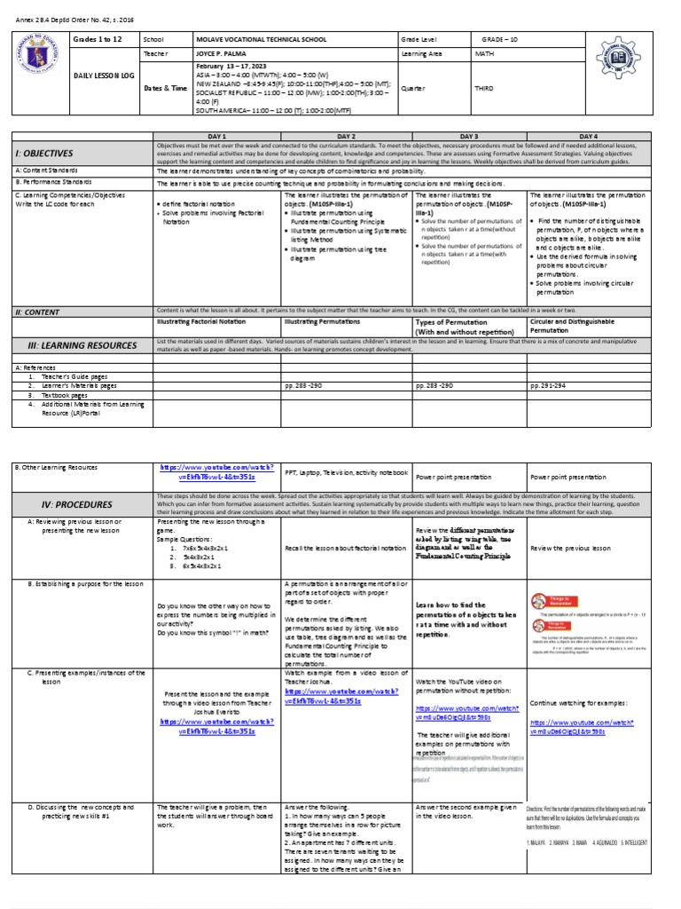 DLL - Q3 - Math 10 - W1 - 2 - Permutation | PDF | Permutation | Learning