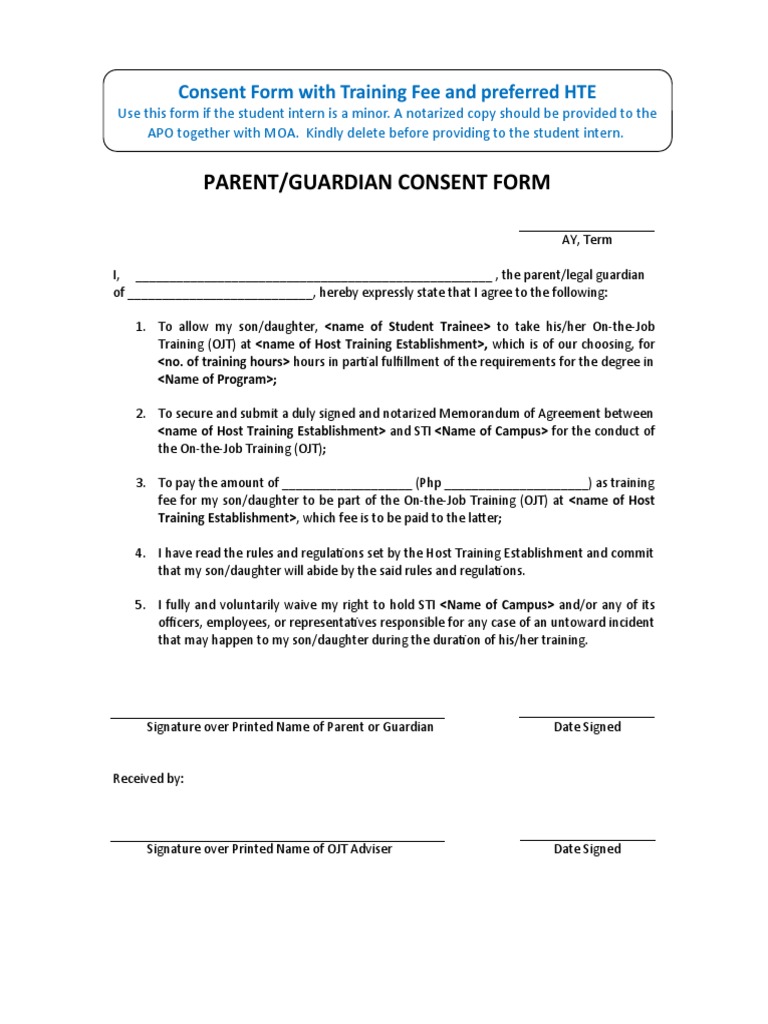 FT-CRD-129-00 OJT Parent Consent Form With Training Fee and Preferred ...
