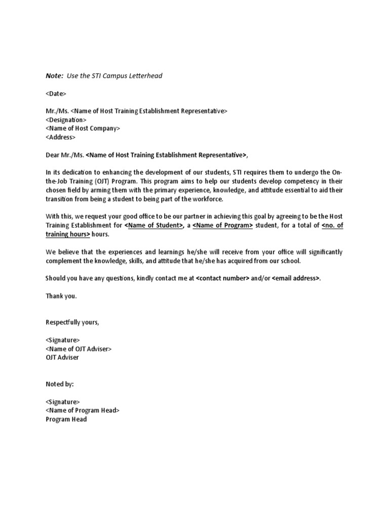 FT-CRD-135-00 STI OJT Endorsement Letter Template | PDF
