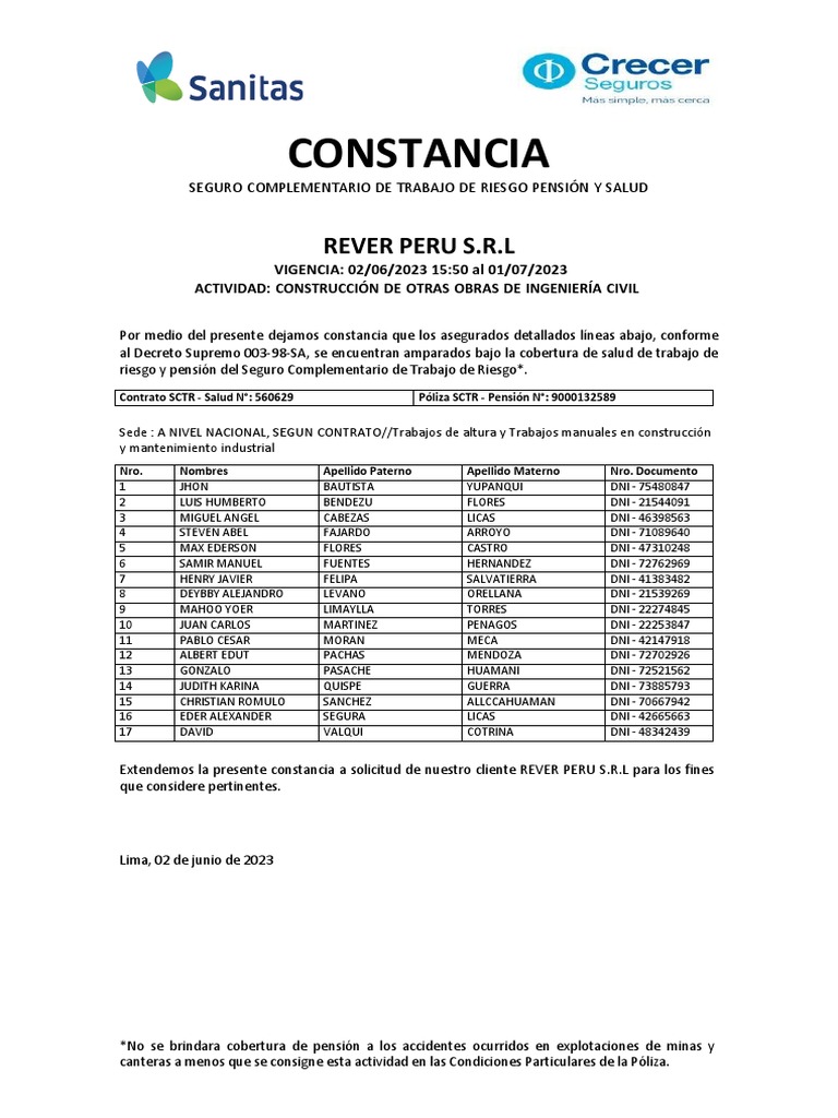 Constancia SCTR REVER | PDF
