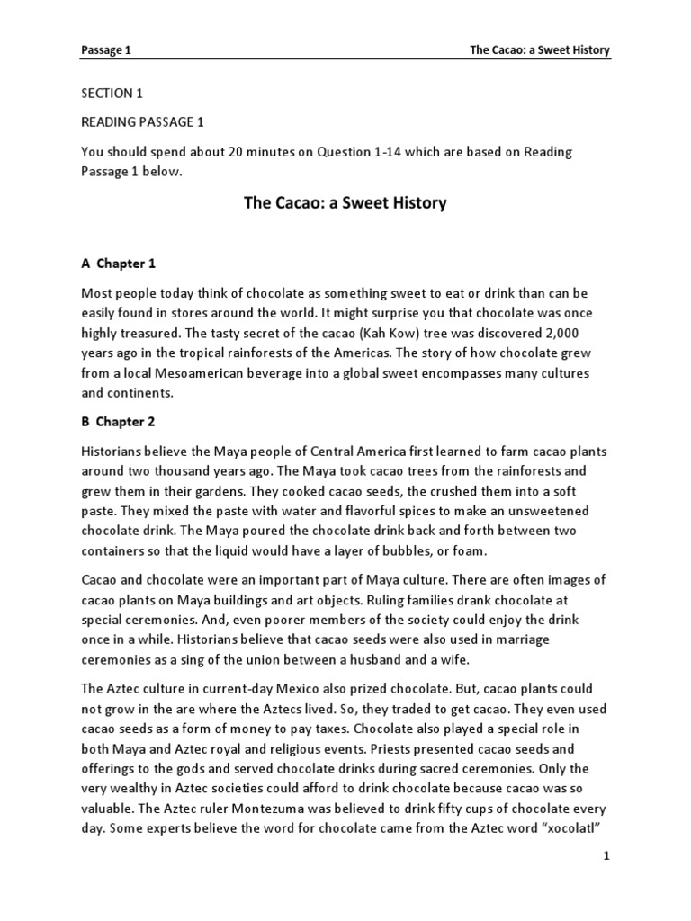 02 Passage 1 - The Cacao A Sweet History Q1-14 | PDF | Cocoa Bean ...