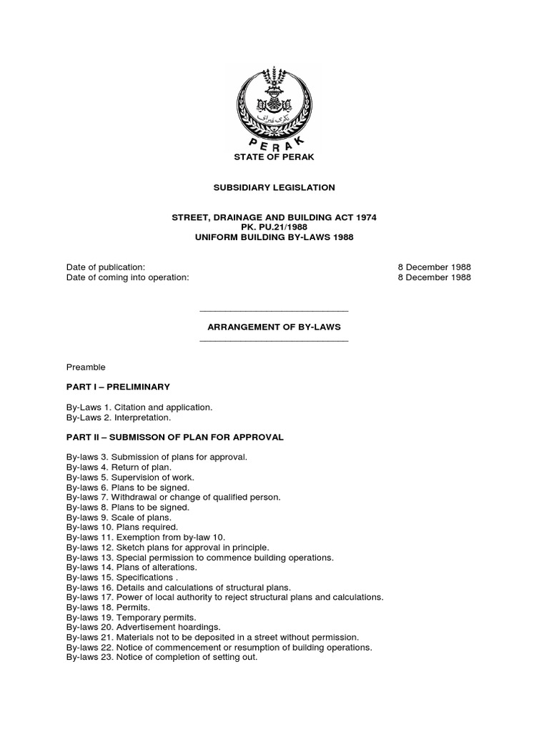 Perak Building By-Laws 1988 Overview | PDF | Wall | Building Technology