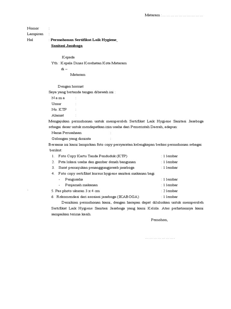 Permohonan Laik Hygiene Sanitasi Jasaboga | PDF