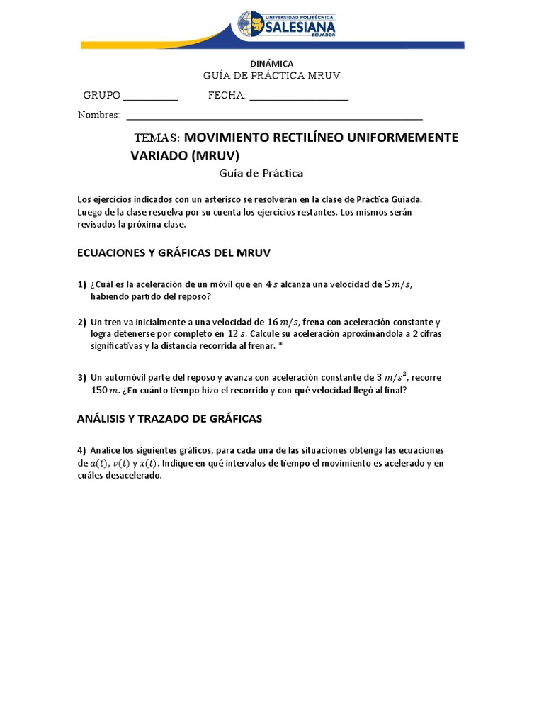 Guía de Práctica de MRUV | PDF