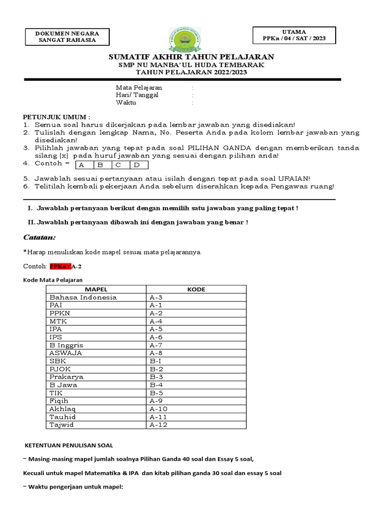 kop soal sumatif akhir tahun pelajaran | PDF