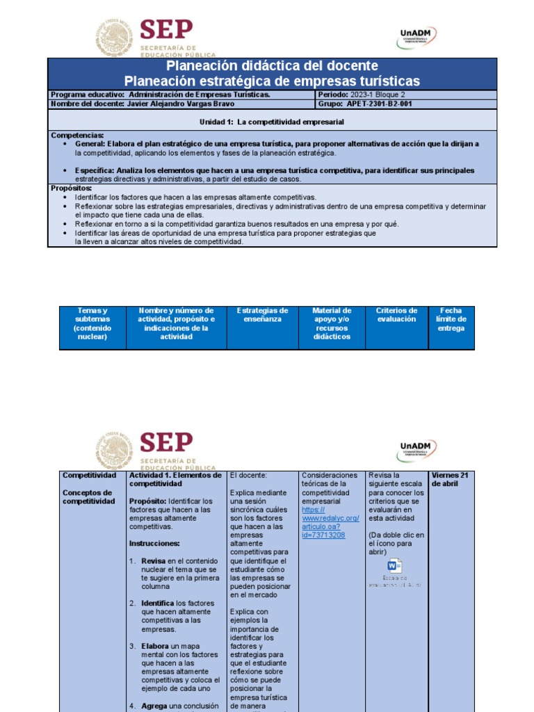 APET-2301-B2-001 - Planeación Didáctica - U1 | PDF | Planificación estratégica