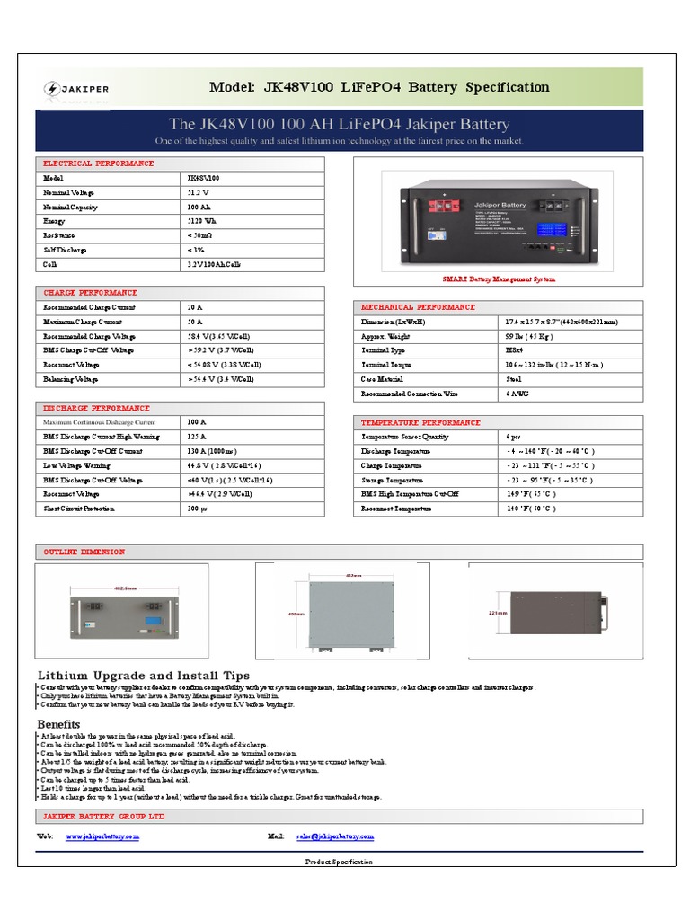 JK48V100 LiFePO4 Battery Specification | PDF | Battery Charger ...