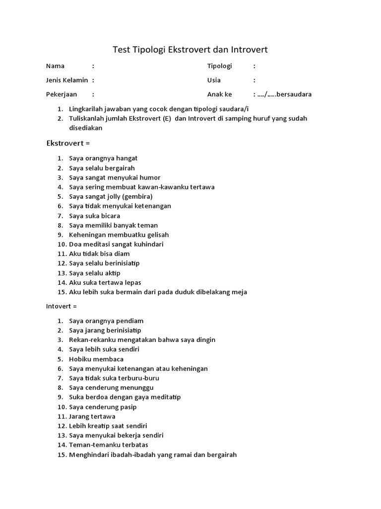 test psikologi Ekstrovert dan Introvert | PDF
