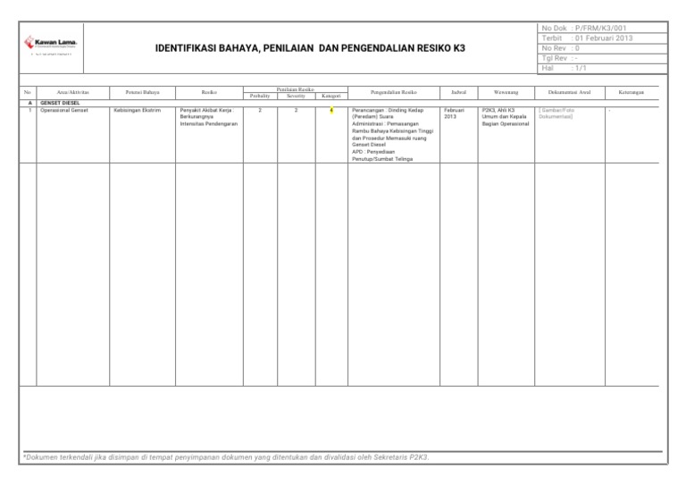 P-FRM-K3-001 Identifikasi Bahaya, Pengendalian Dan Penilaian Resiko K3 | PDF